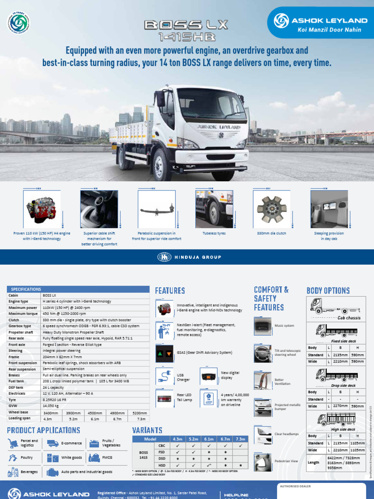 Ashok Leyland Boss 1415 HB Brochure | PDF | Motor Vehicle | Wheeled Vehicles