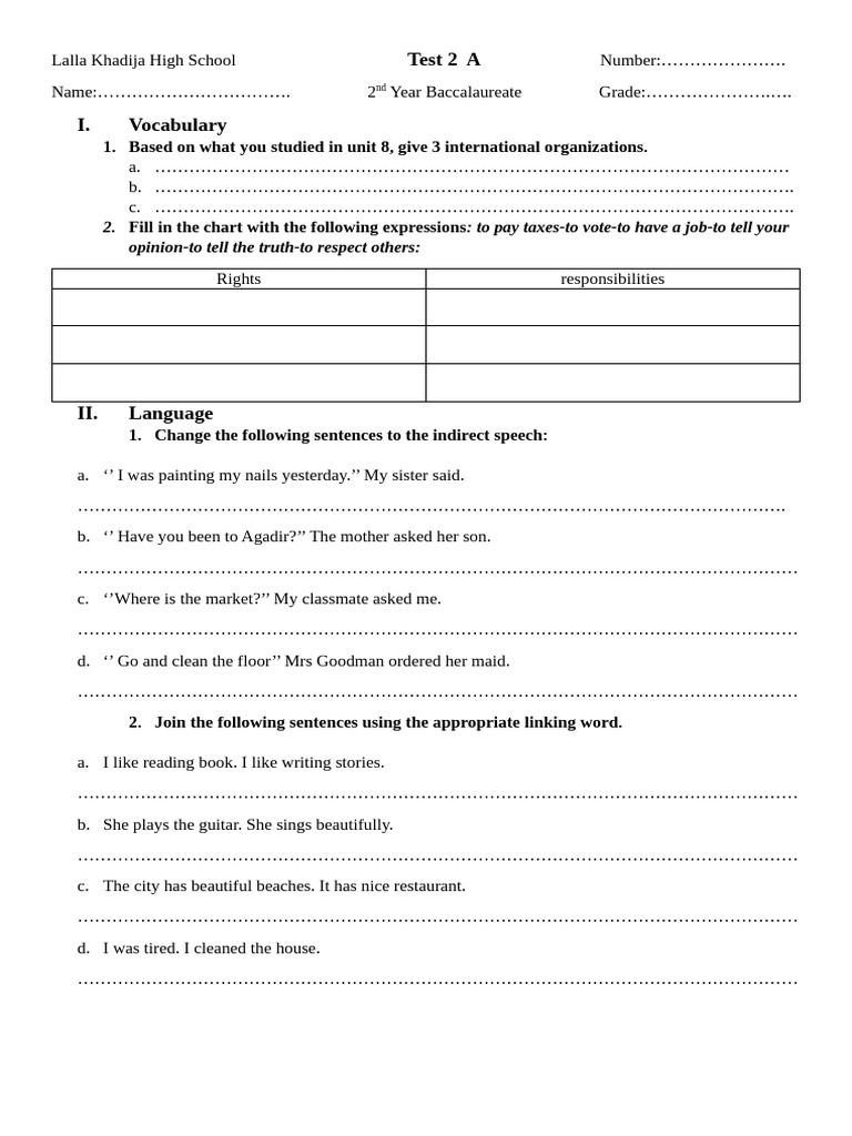 2nd Year Baccalaureate Test 2 Guide | PDF