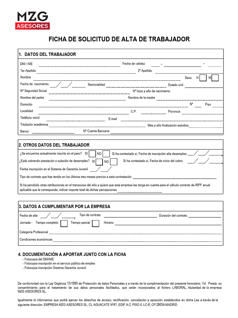 Solicitud de Alta de Trabajador MZG ASESORES | PDF