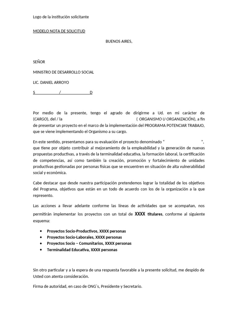 Modelo Nota de Solicitud Potenciar | PDF