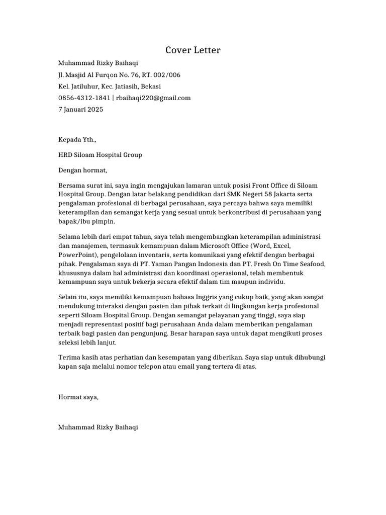 Cover Letter Front Office | PDF