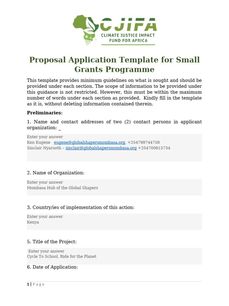 Proposal Application Template For Small Grants Pro | PDF | Sustainability | Transport