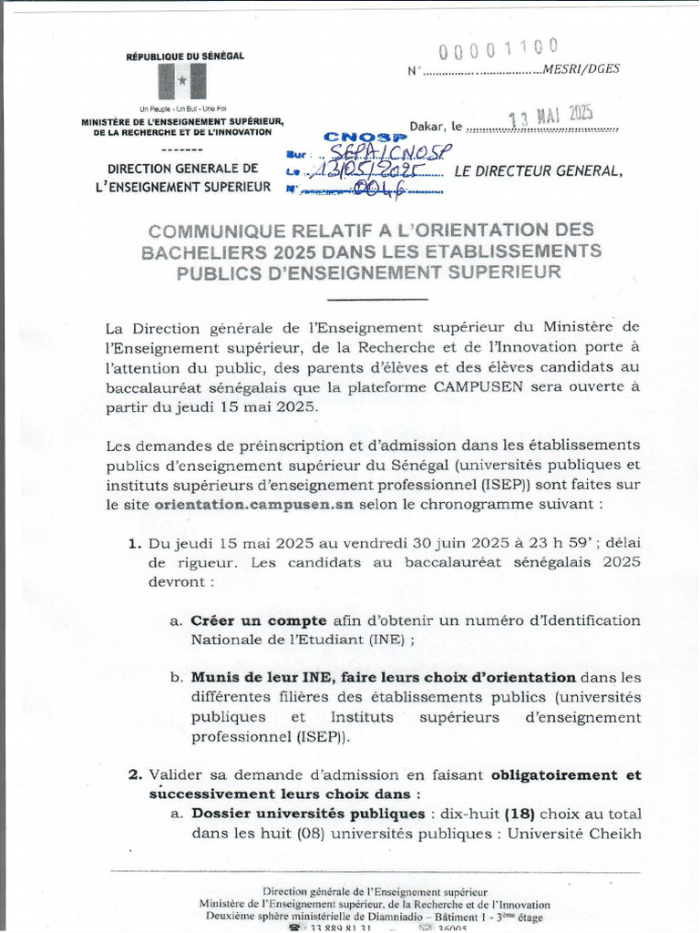 Communiqué Relatif À L Orientation Des Bacheliers 2025 Dans Les Établissements Publics D ...