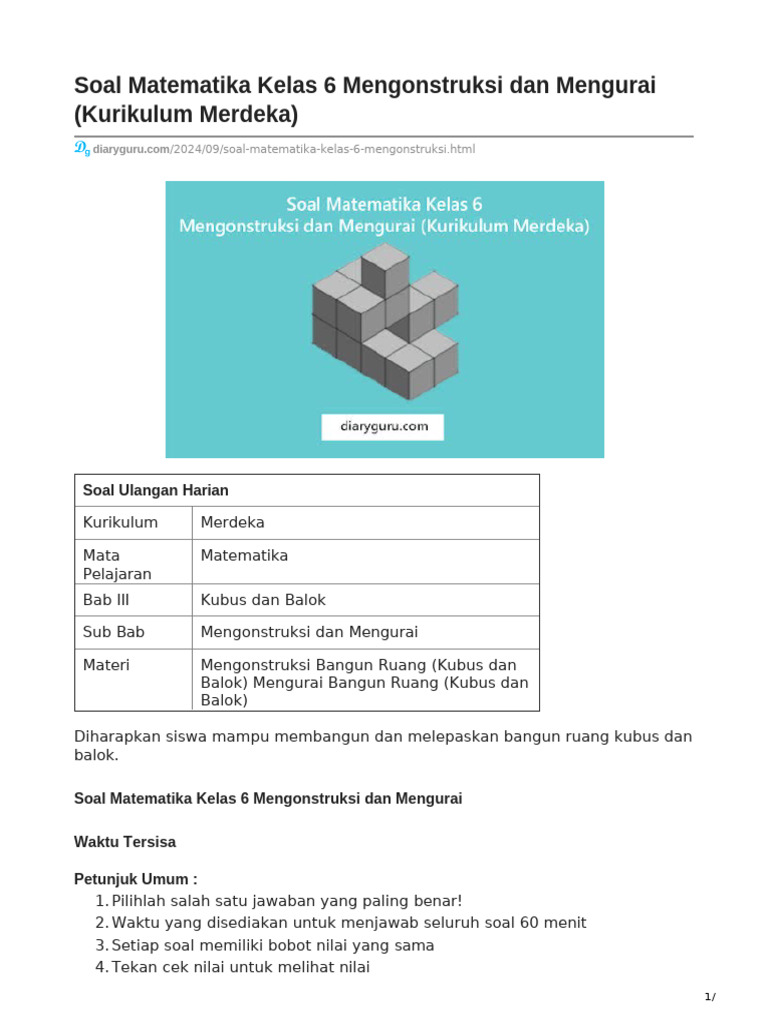 Soal Matematika Kelas 6 Mengonstruksi Dan Mengurai Kurikulum Merdeka | PDF