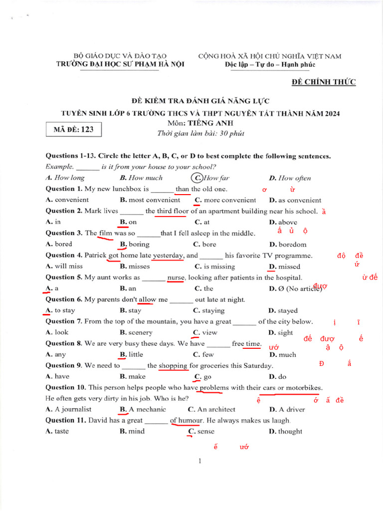 Hdg Đề Thi Vào 6 Ntt 2024 | PDF