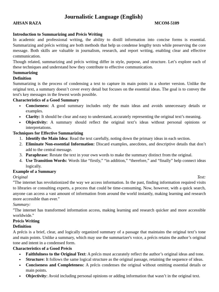 Summarizing and Précis Writing Techniques | PDF | Information ...