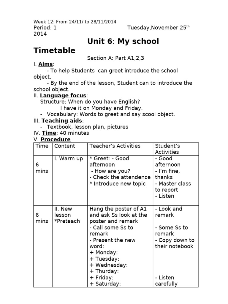 Unit 6 My School Timetable | PDF | English Language | Lesson Plan