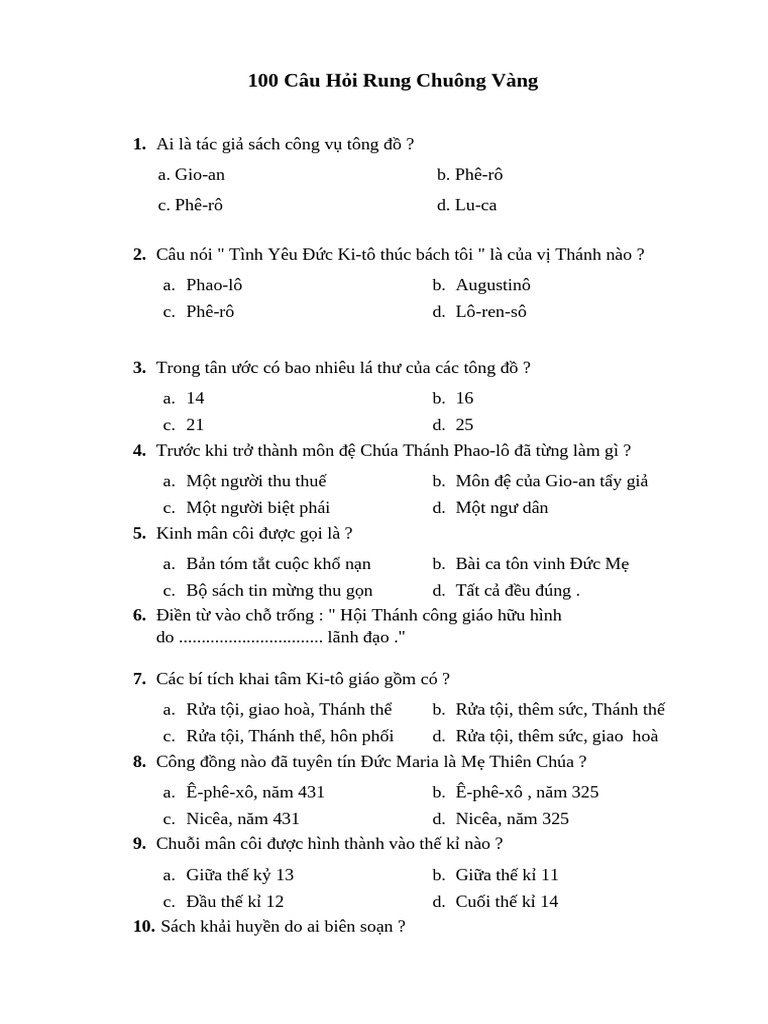 100 Câu Hỏi Rung Chuông Vàng KT3 | PDF