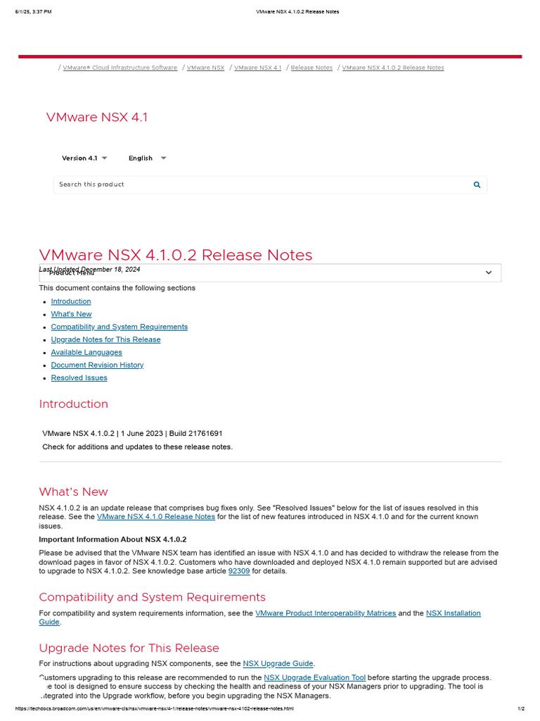 VMware NSX 4.1.0.2 Release Notes | PDF | V Mware | Software