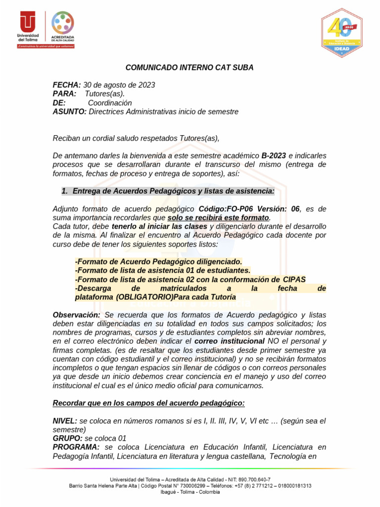 Comunicado Interno CAT SUBA | PDF | Maestros