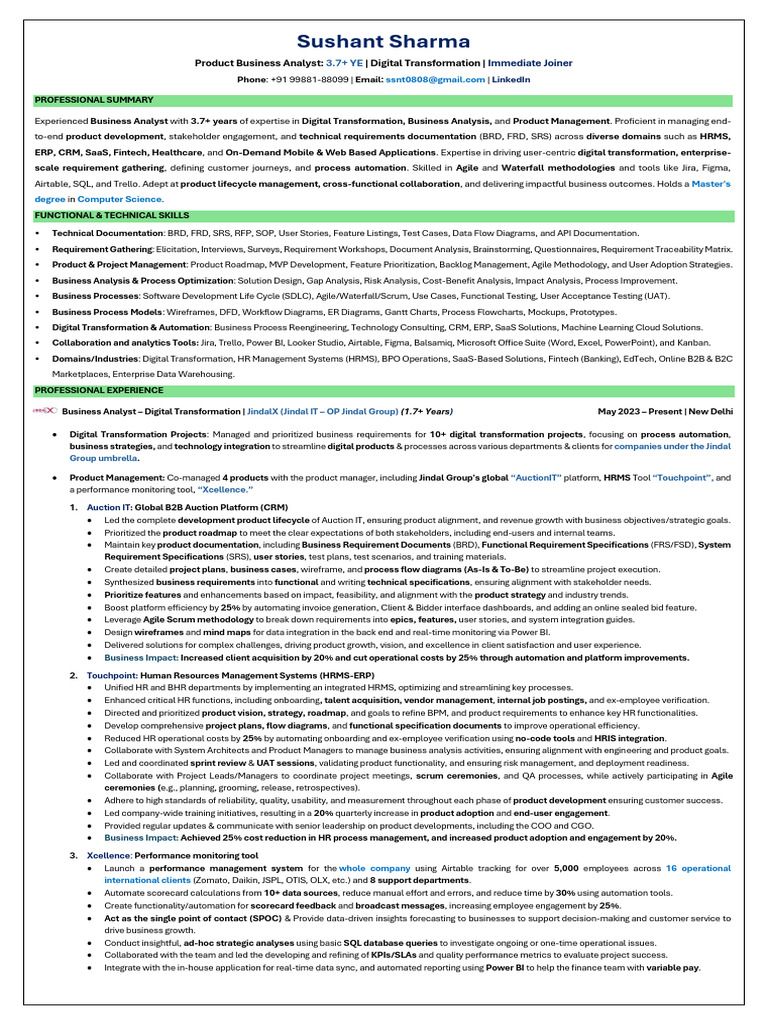 CV Sushant 3+YE BA (Immediate Joiner) | PDF | Software Development Process | Agile Software ...