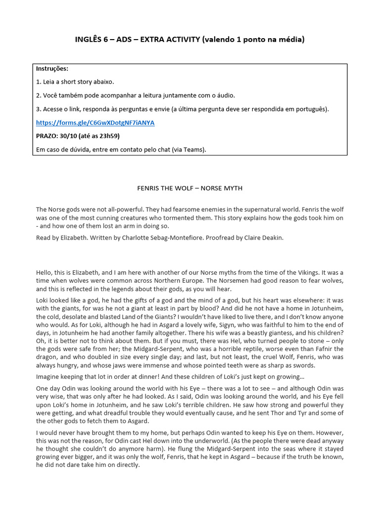 Short Story FENRIS THE WOLF Text - Inglês 6 - ADS | PDF | Loki | Norse ...