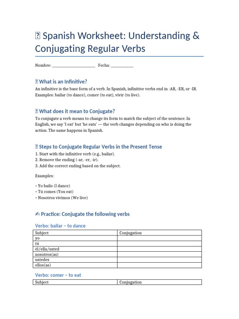 Spanish Regular Verbs Complete Worksheet | PDF