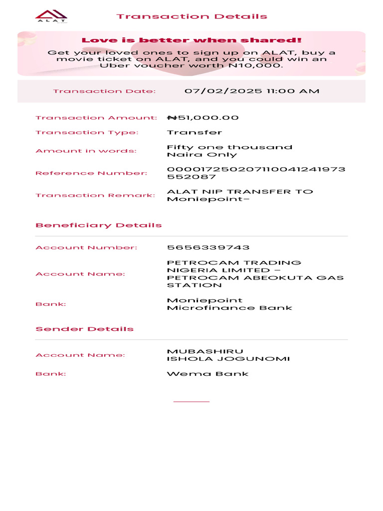 ALAT Transfer Receipt - PETROCAM TRADING NIGERIA LIMITED - PETROCAM ...