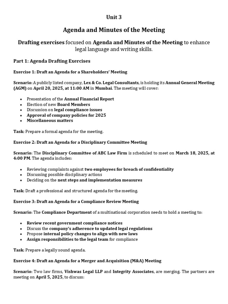 Agenda and Minutes Drafting Exercises | PDF | Arbitration | Settlement ...