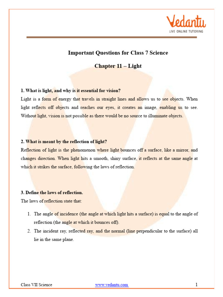 CBSE Important Questions For Class 7 Science Chapter 11 - Light | PDF ...