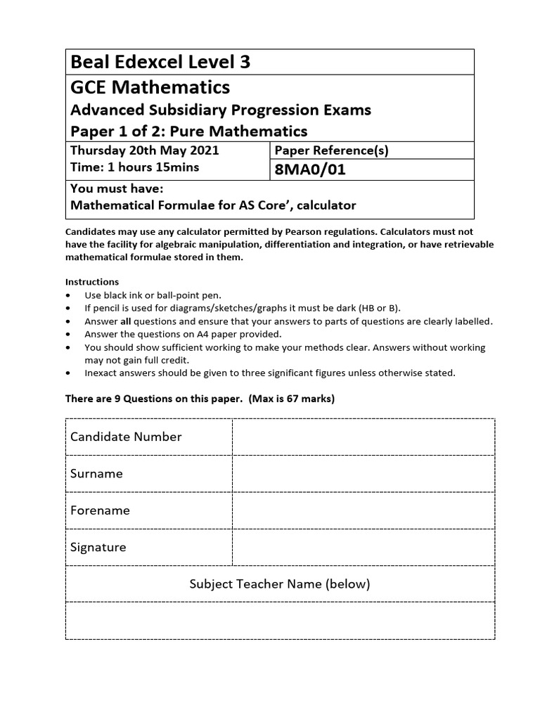 Edexcel Level 3 GCE Maths Exam Paper 1 | PDF | Equations | Mathematics