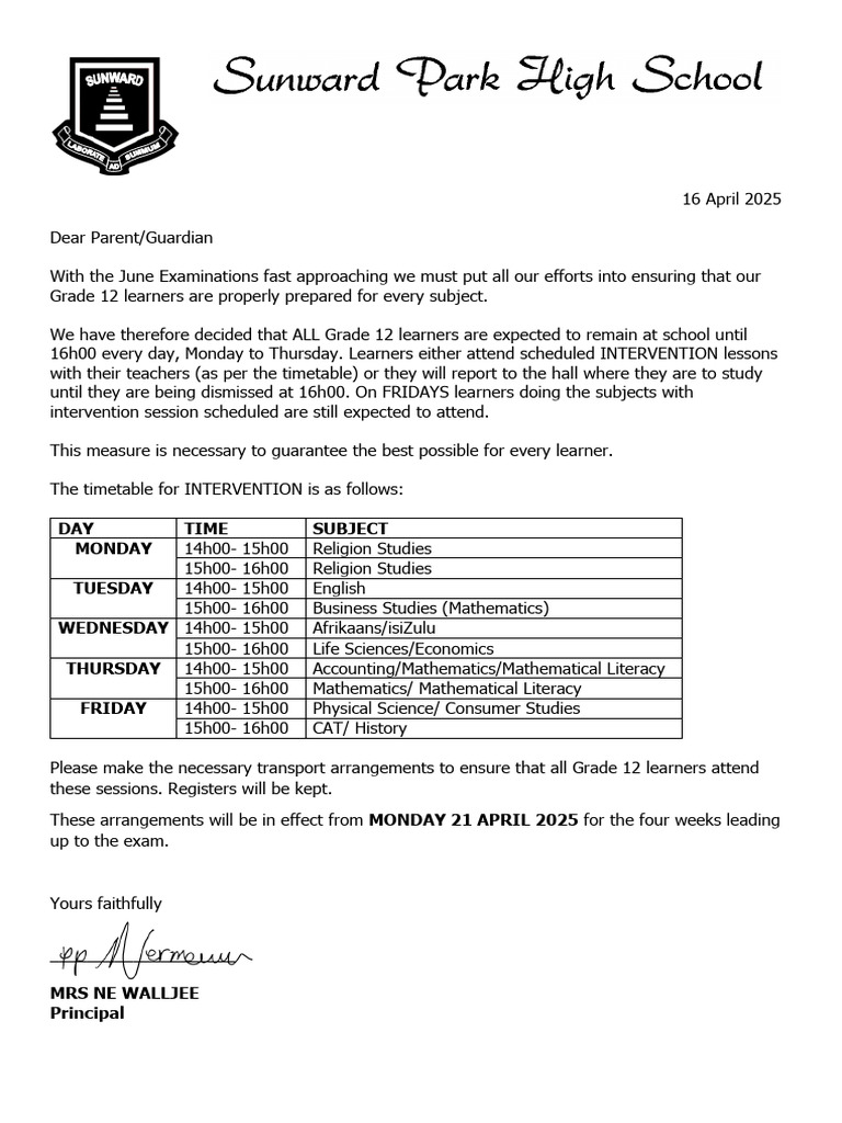 SPHS Letter - Grade 12 Study Program | PDF