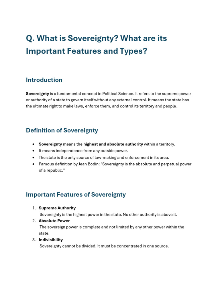 What Is Sovereignty What Is Its Important Features and Its Type | PDF