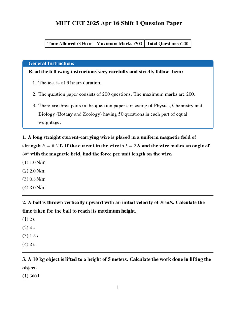 MHTCET April 16 Shift 1 Question Paper | PDF | Chemical Reactions | Thyroid Stimulating Hormone