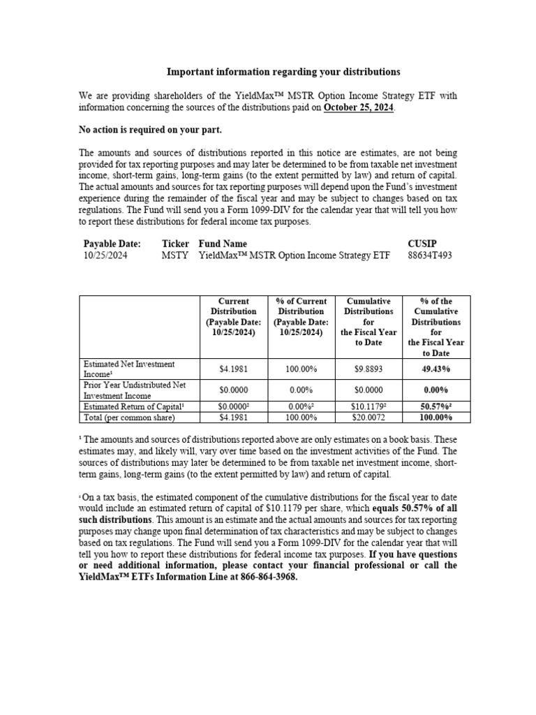 MSTY Distribution Notice for 2024 | PDF | Taxes | Income Tax In The ...