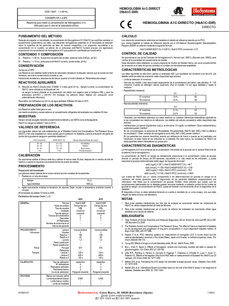 Hemoglobina A1c Directa Hba1c Dir Biosystems Milsa Instrulab | PDF ...