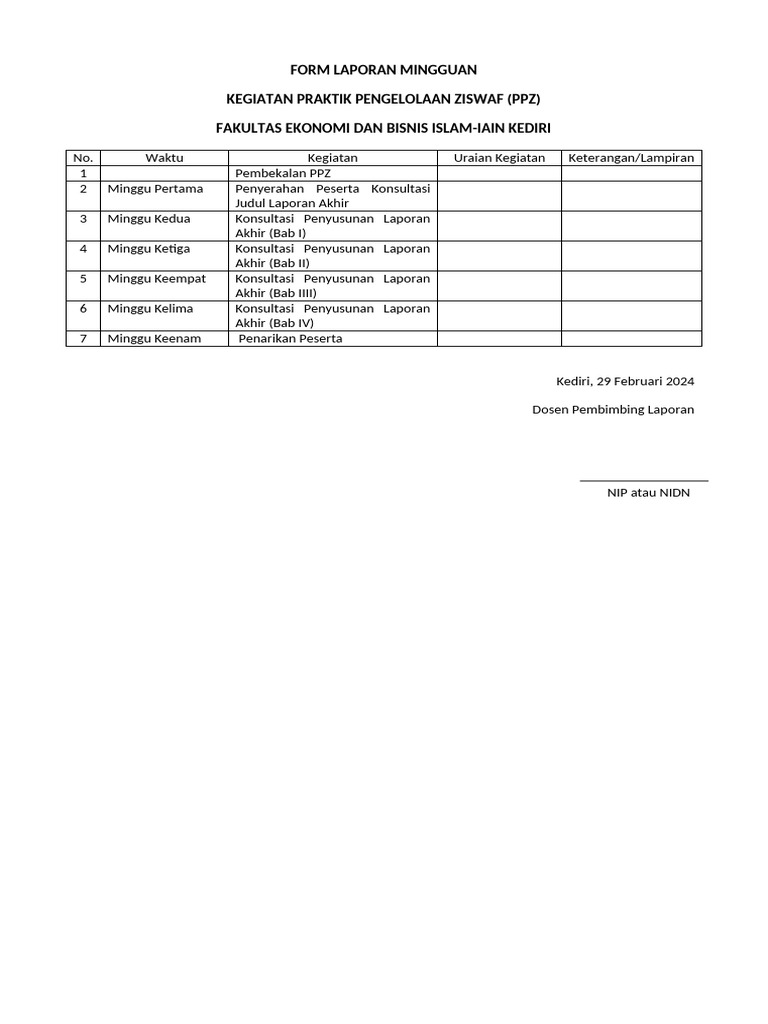 Form Laporan Mingguan. | PDF