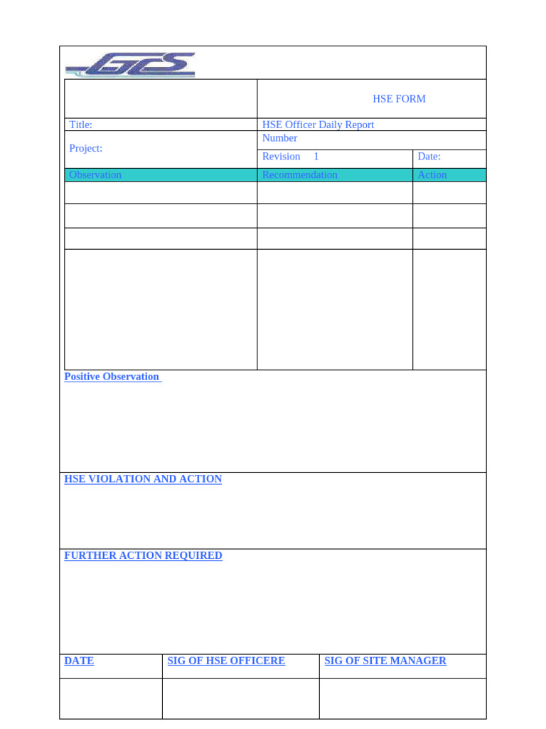HSE Officer Daily Report Template | PDF