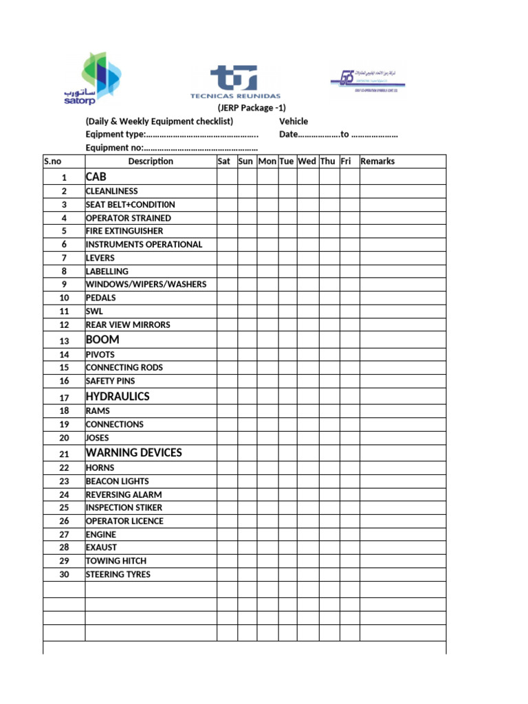 Daily & Weekly Equipment Checklist | PDF