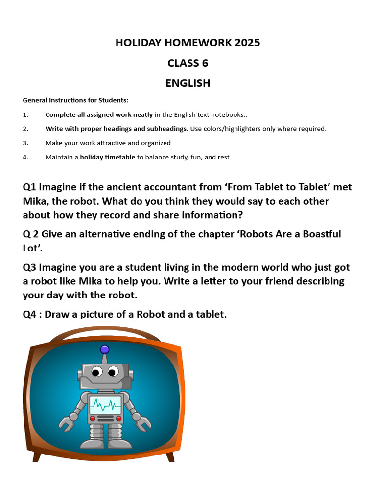 English Holiday Homework Class 6 SV 2025 | PDF