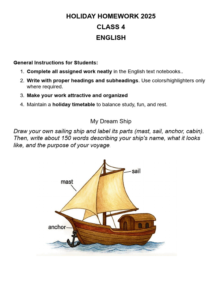 Class 4 English Holiday Homework 2025 | PDF