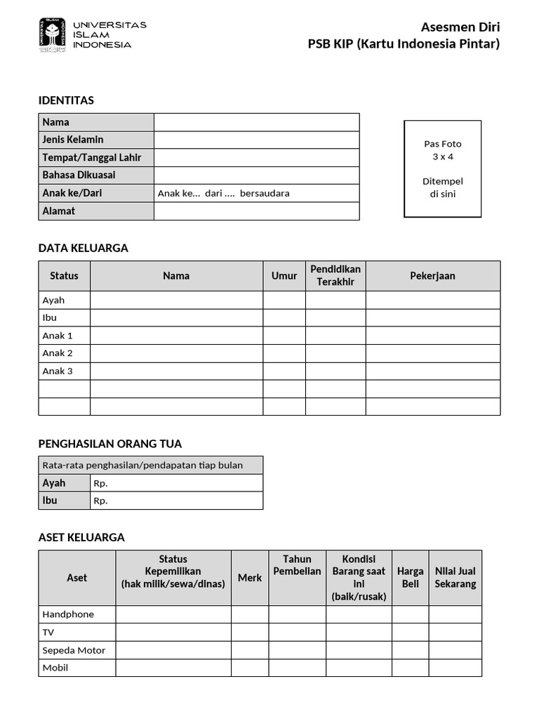 Form Asesmen Diri PSB Beasiswa KIP 2024 | PDF