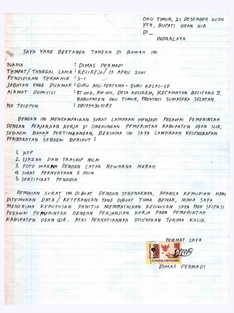 Surat Lamaran Dimas Permadi | PDF