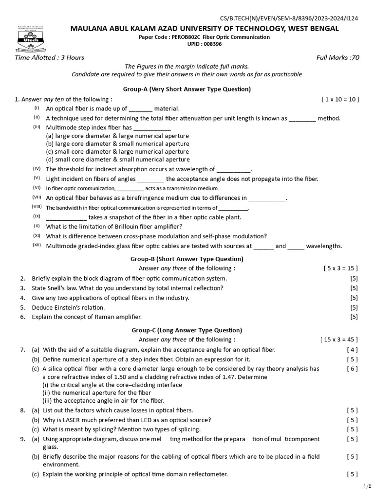 Btech Ee 8 Sem Fiber Optic Communication Perob802c 2024 | PDF | Optical ...