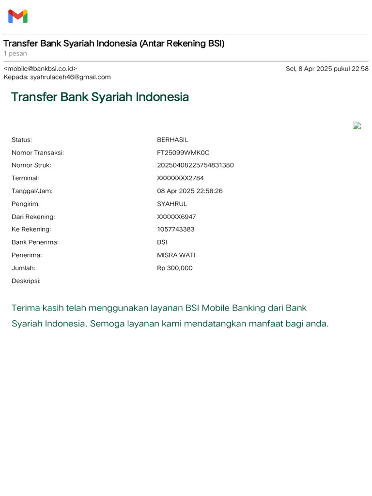 Bukti Transfer Berhasil BSI | PDF