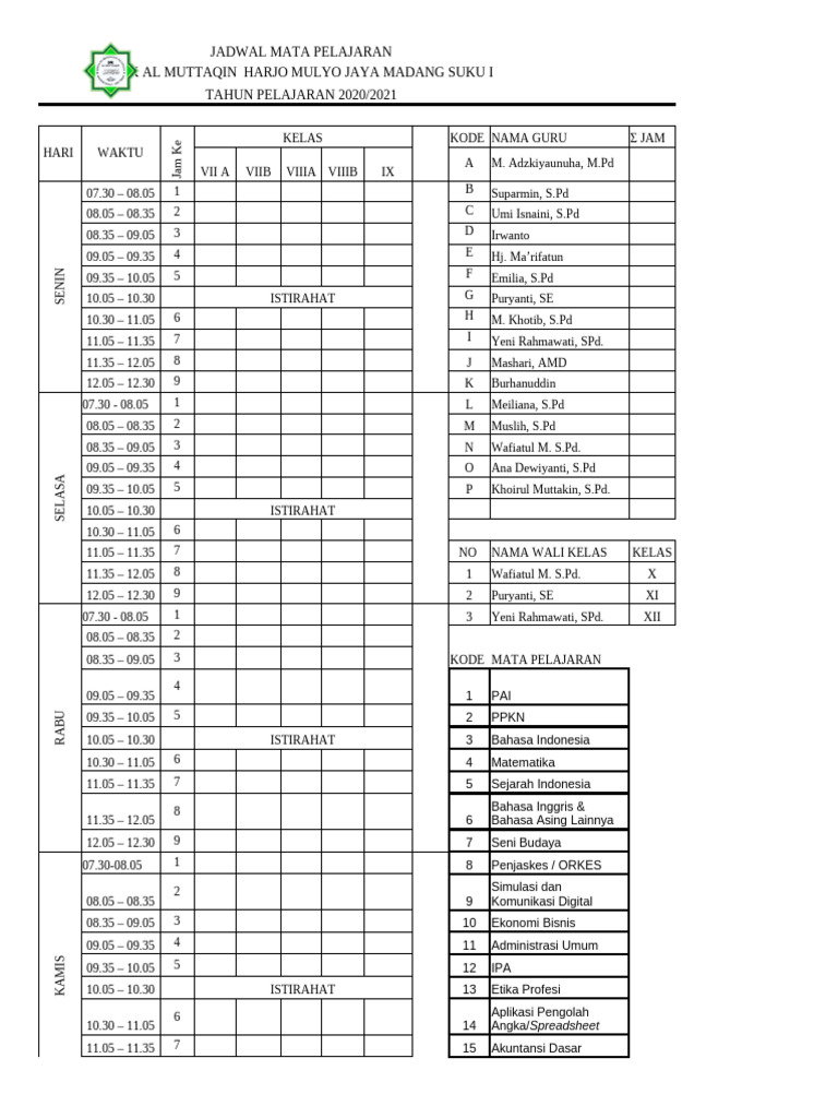 Jadwal Pelajaran Smps Al Falah Darussalam 2024.2025 - Vinal | PDF