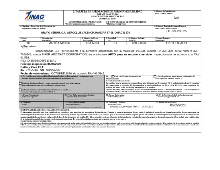 Tarjeta de Aprobación de Aeronavegabilidad | PDF | Aviación | Aeronave