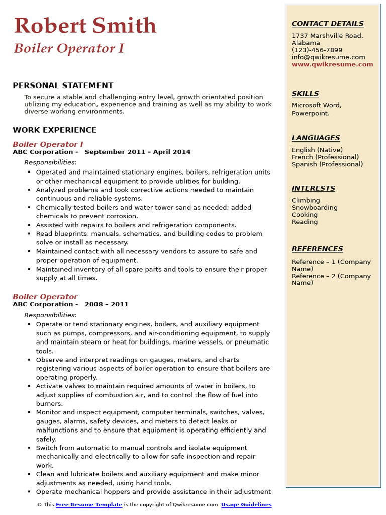 Boiler Operator Resume of Robert Smith | PDF | Boiler | Engines