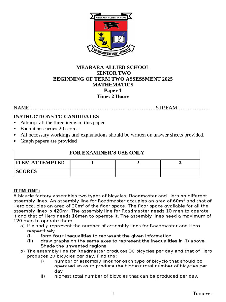 S.1 Math - 1 - Eot - 3 - Exam - 2024 | PDF | Graph Theory