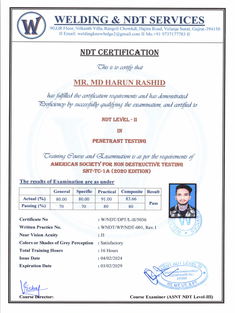 MD Harun Rashid NDT Level II Certificate | PDF