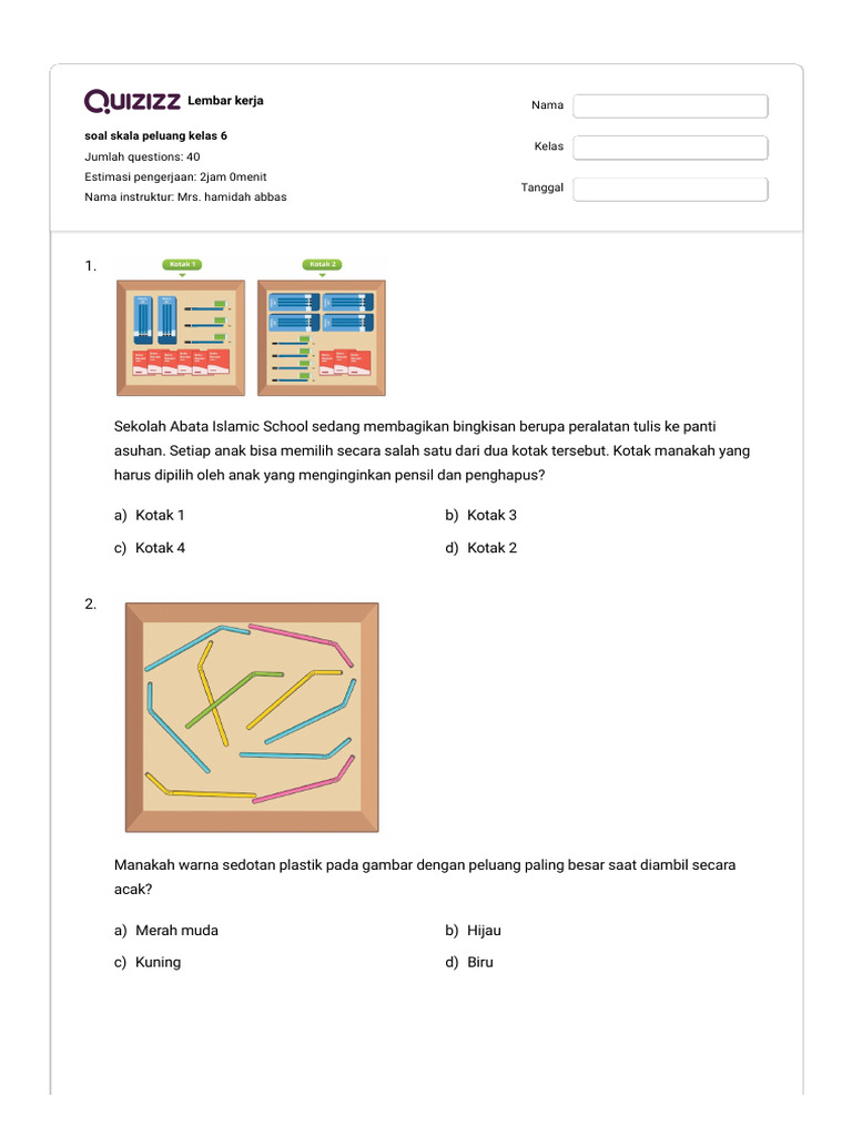 Soal Skala Peluang Kelas 6 - Quizizz | PDF