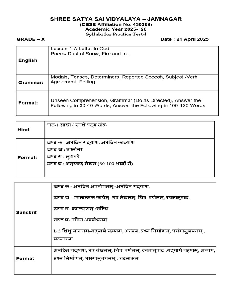 Grade 10 Practice Test - 1 Syllabi-1 | PDF | Algebra