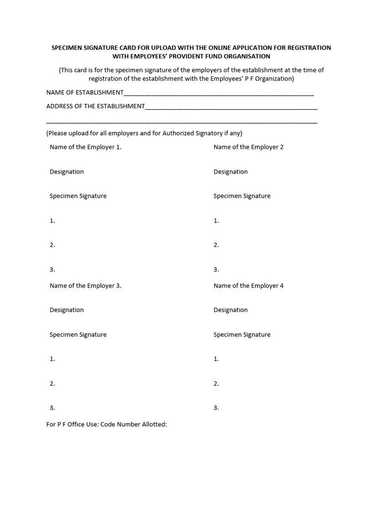 EPFO Specimen Signature Card Template | PDF