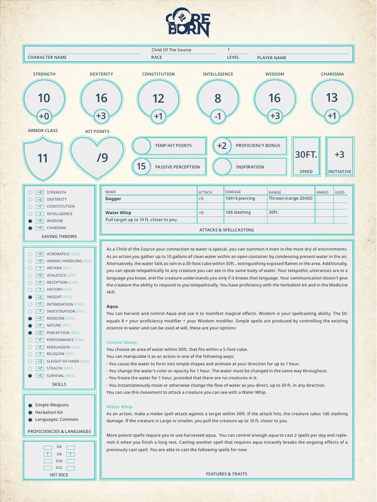 Coreborn Character Sheet ChildOfTheSource | PDF