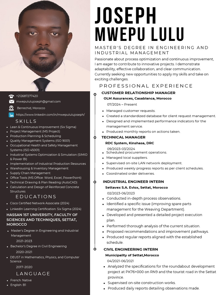 VErsion en CV Joseph Mwepu Lulu 2024 | PDF | Supply Chain | Engineering
