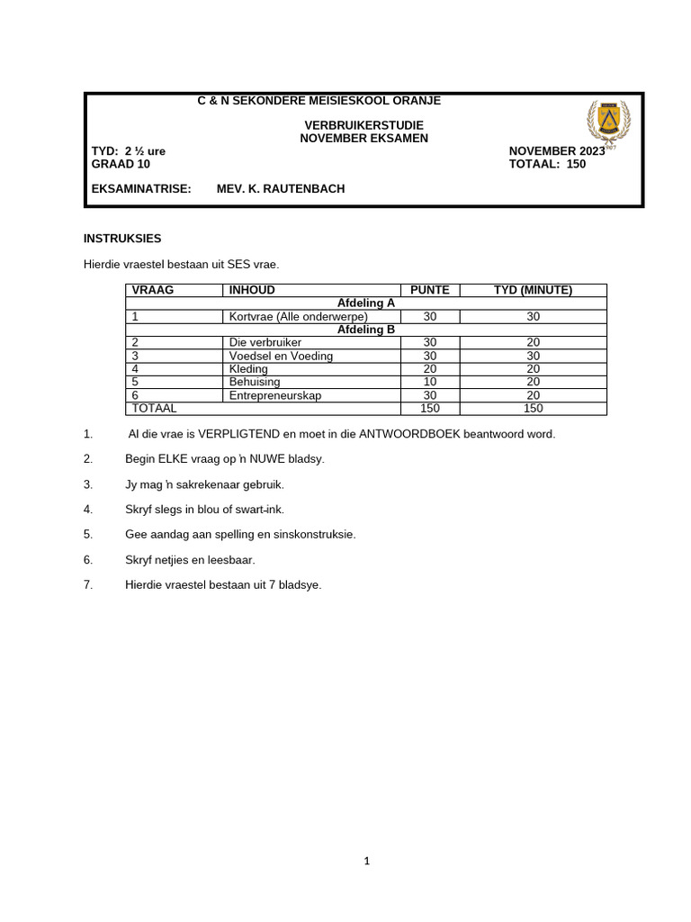 GR 10 November Eksamen 2023 Finaal | PDF