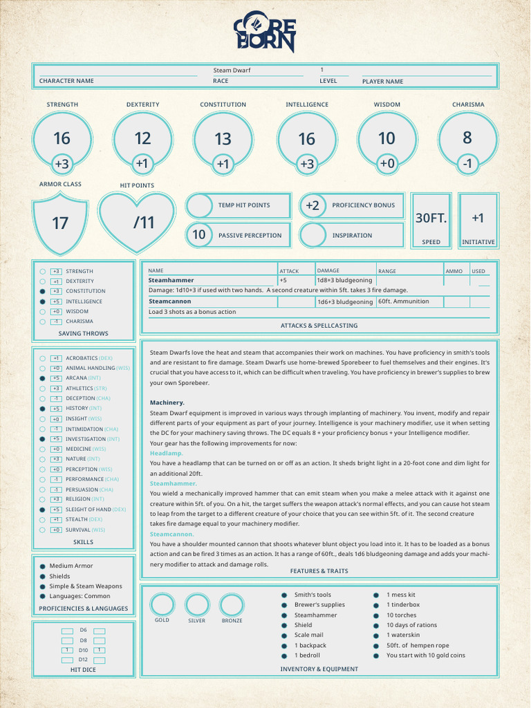 Coreborn Character Sheet SteamDwarf | PDF