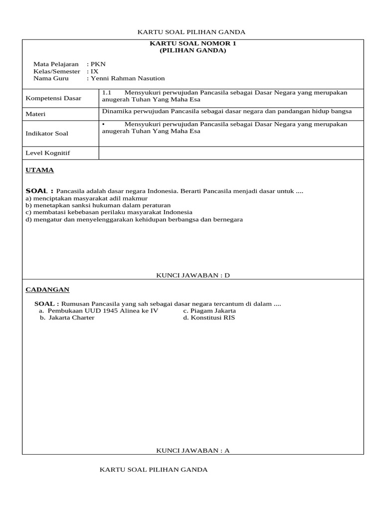 KARTU SOAL PKN | PDF