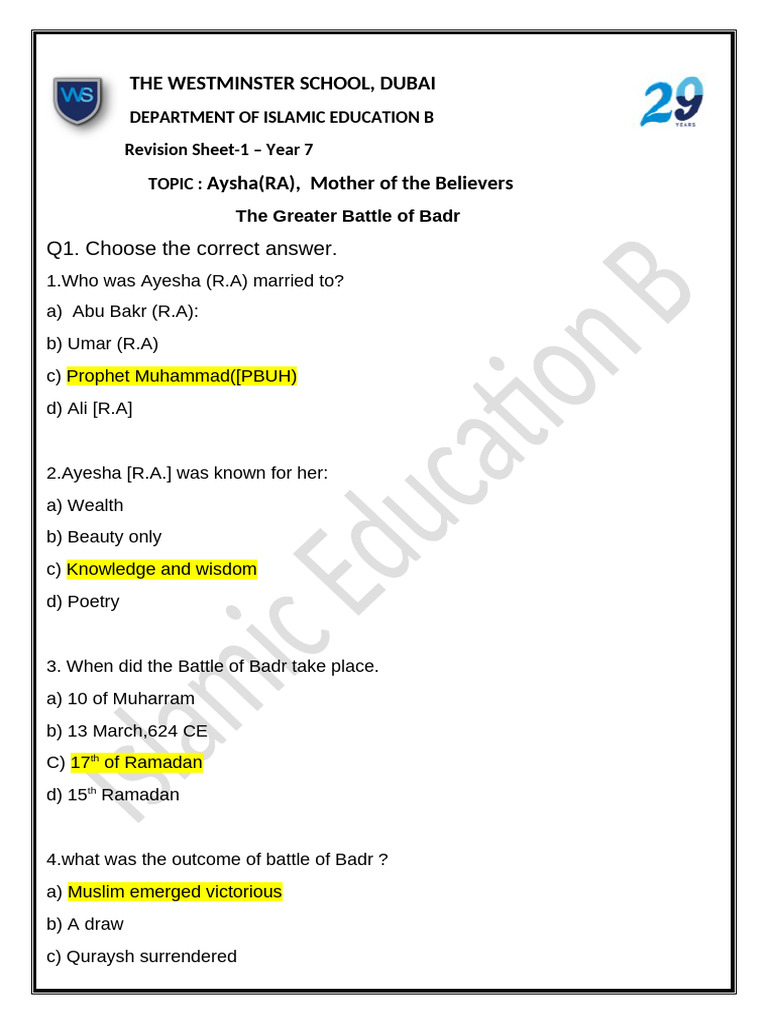 Yr7 K Answer Key Revision Sheet 2 | PDF | Muhammad | Umar