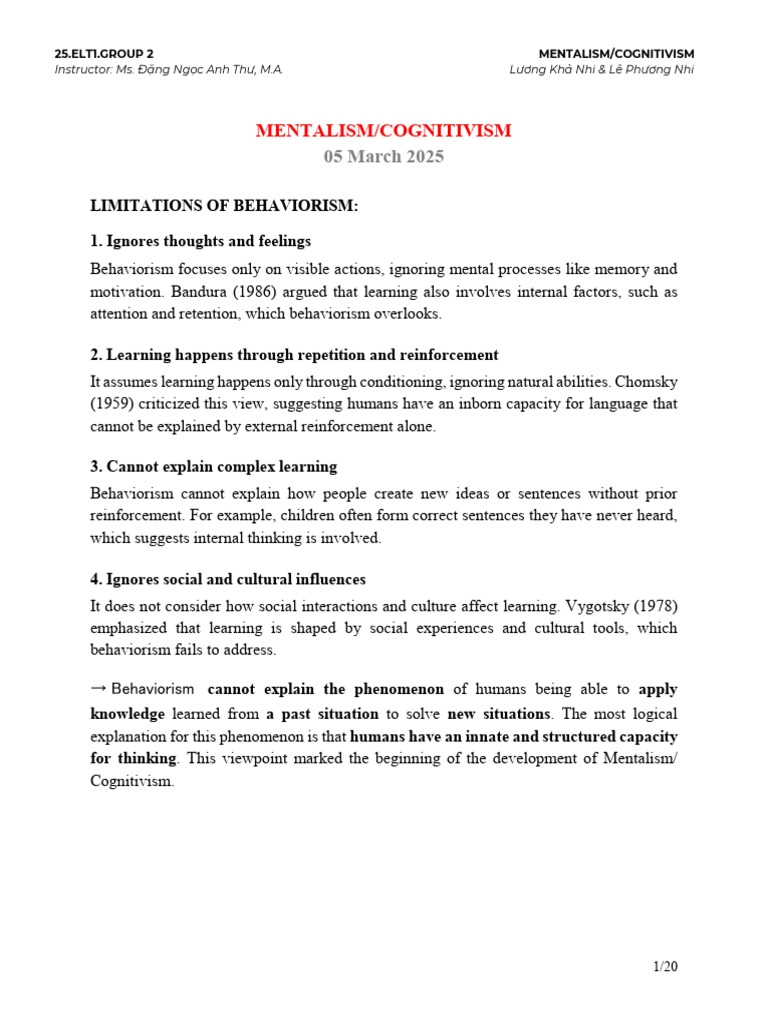 Unit 2 Mentalism Cognitivism Handout | PDF | Learning | Language Acquisition